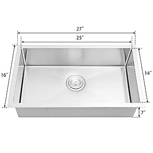 MILOSEN RV Kitchen Sink, 27''×16''×7'' Stainless Steel Undermount Kitchen Sink, Single Bowl Kitchen Sinks, Kitchen Sink for RV, 7 inch Depth Outdoor Kitchen Sink