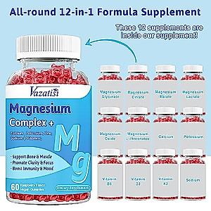 Magnesium Gummies for Women Men & Kids, Sugar Free Magnesium Citrate Gummies with Glycinate Malate L-threaten Potassium Calcium Vitamin B6 D3 Supplement for Relax Sleep Muscle & Joint - 2 Pack, 120cts