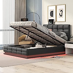 Harper & Bright Designs Lift Up Storage Bed Full Size Upholstered with LED Lights and USB Charger, Faux Leather Platform Frame Hydraulic System, for Kids Teens Adults (Full Size, Black)
