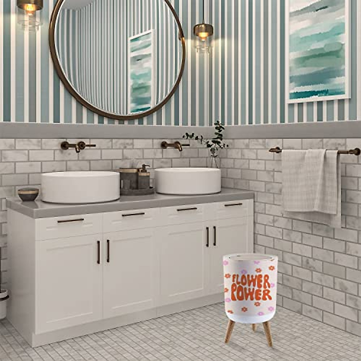 Small Trash Can with Lid Flower with Phrase Flower Power Hand Lettering in 70s Hippie Style 7 Liter Round Garbage Can Elasticity Press Cover Lid Wastebasket for Kitchen Bathroom Office 1.8 Gallon