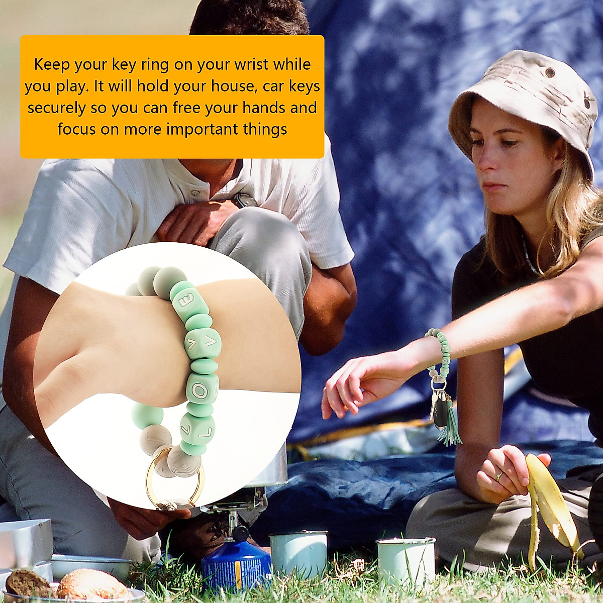 Junecarp LOVE Fringe Key Chain,Silicone Beaded Bracelet Keychain for Women Car Keys Home Keyring (Green-LOVE)