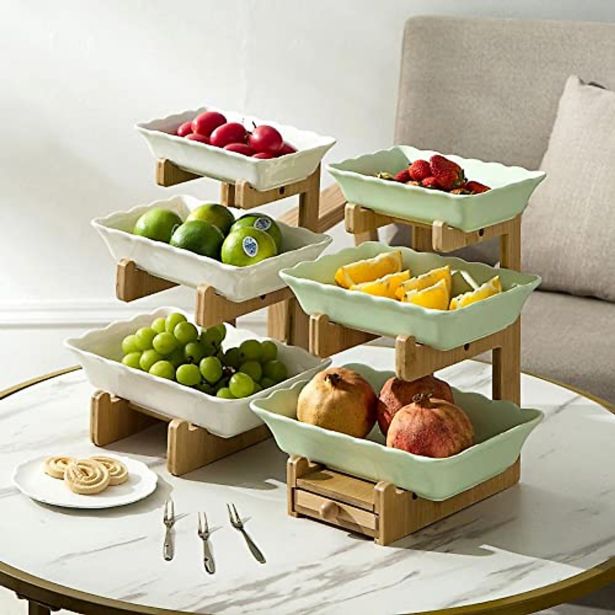 GENDLTHIJ 3 Tier Ceramic Fruit Bowls for Kitchen Fruit Basket for Kitchen Counter, Ceramic Fruit Serving Tray with Bamboo Stand, for Fruit Vegetable Snack Dessert (Three Tier White with Drawer)