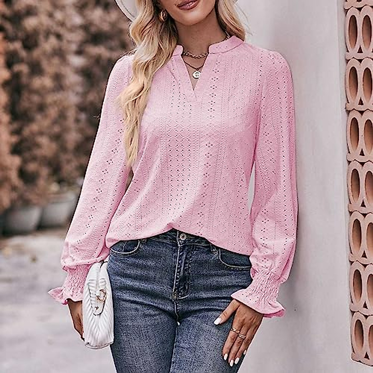 JDHUFEI Long Sleeve Shirts for Women Fashion Puff Long Sleeve Blouse V-Neck Button Up Tops Solid Color Lace Tunic Tops