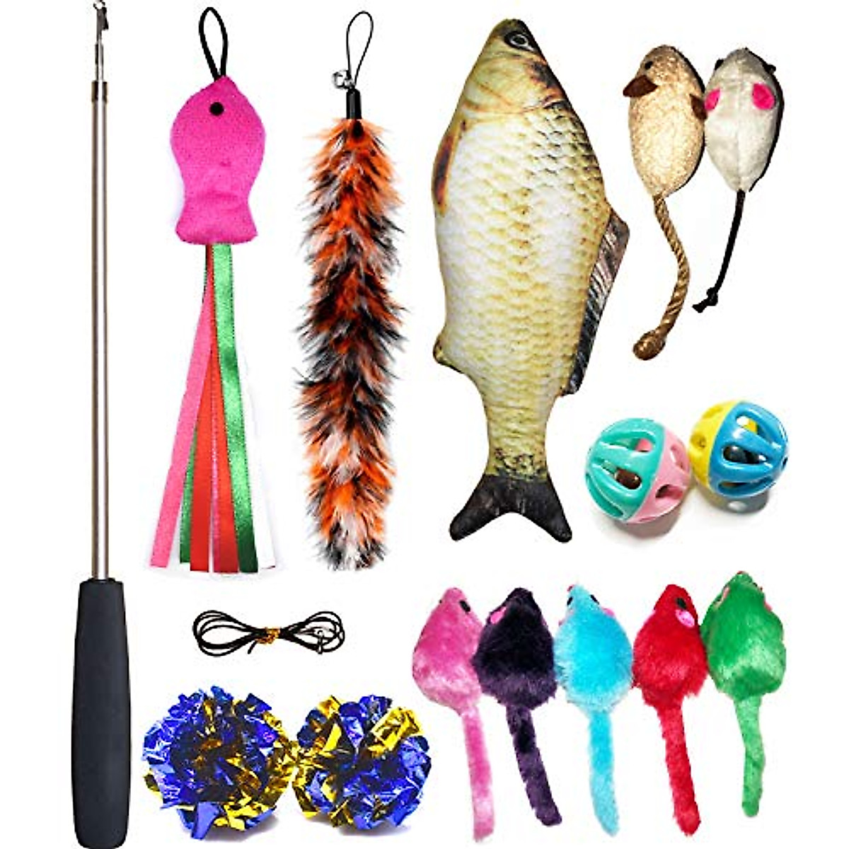 Cat Toys Set, Cat Retractable Teaser Wand, Catnip Fish, Interactive Cat Feather Toy, Mylar Crincle Balls, Two Cotton Mice, Four Fluffy Mouse