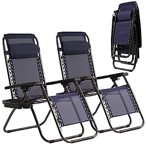 Zero Gravity Chairs Set of 2 Adjustable Folding Reclining Lounge Chairs Outdoor Beach Chair with Pillow and Cup Holder, Patio Lawn Chair Pool Chairs for Outdoor Pool Side Camping Yard Beach (2, Blue)