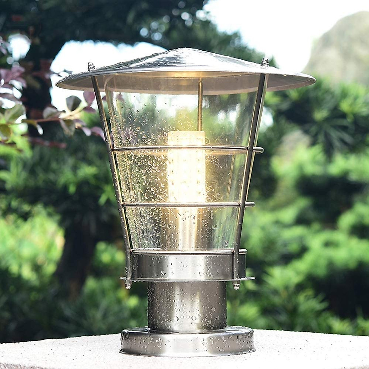 MODEBHD European Traditional Retro Acrylic Lampshade Column Lamps Lantern Outdoor E27 Pillar Lamp Balcony Waterproof Pillar Lights Round Shape Boundary Villa Park Decoration Rainproof Post Light