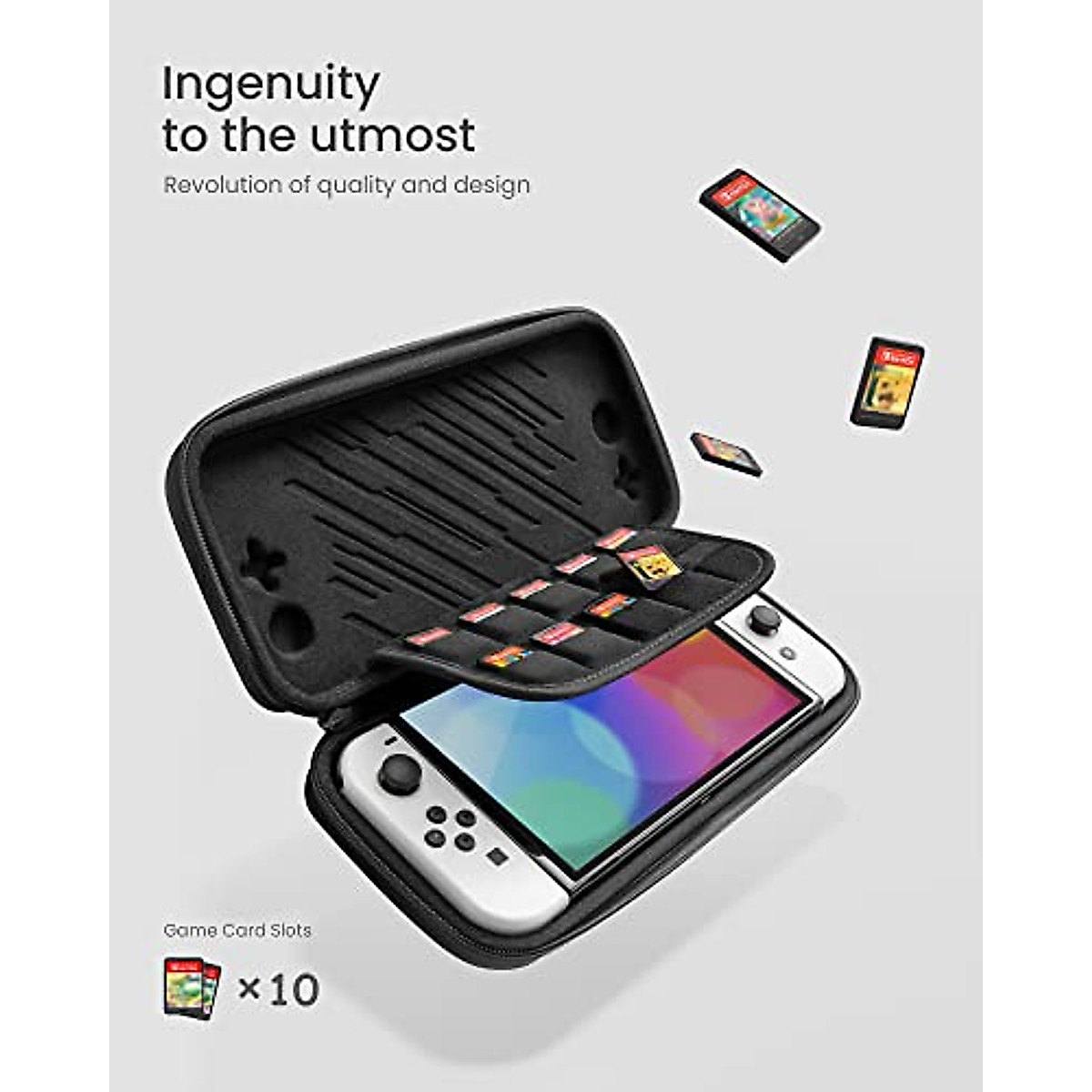 tomtoc Slim Carrying Case for Nintendo Switch / OLED Model, Protective Switch Sleeve with 10 Game Cartridges, Hard Portable Travel Carry Case, with Original Patent and Military Grade Protection, Black