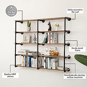MAIKAILUN 60 inch 5 Tier Industrial Pipe Shelving, Wall Mounted Pantry Farmhouse Kitchen Shelves Open Storage Bookshelf Bookcase Large Retail Display Wood Planks Rack(59 in x 9.8 in x 47 in)