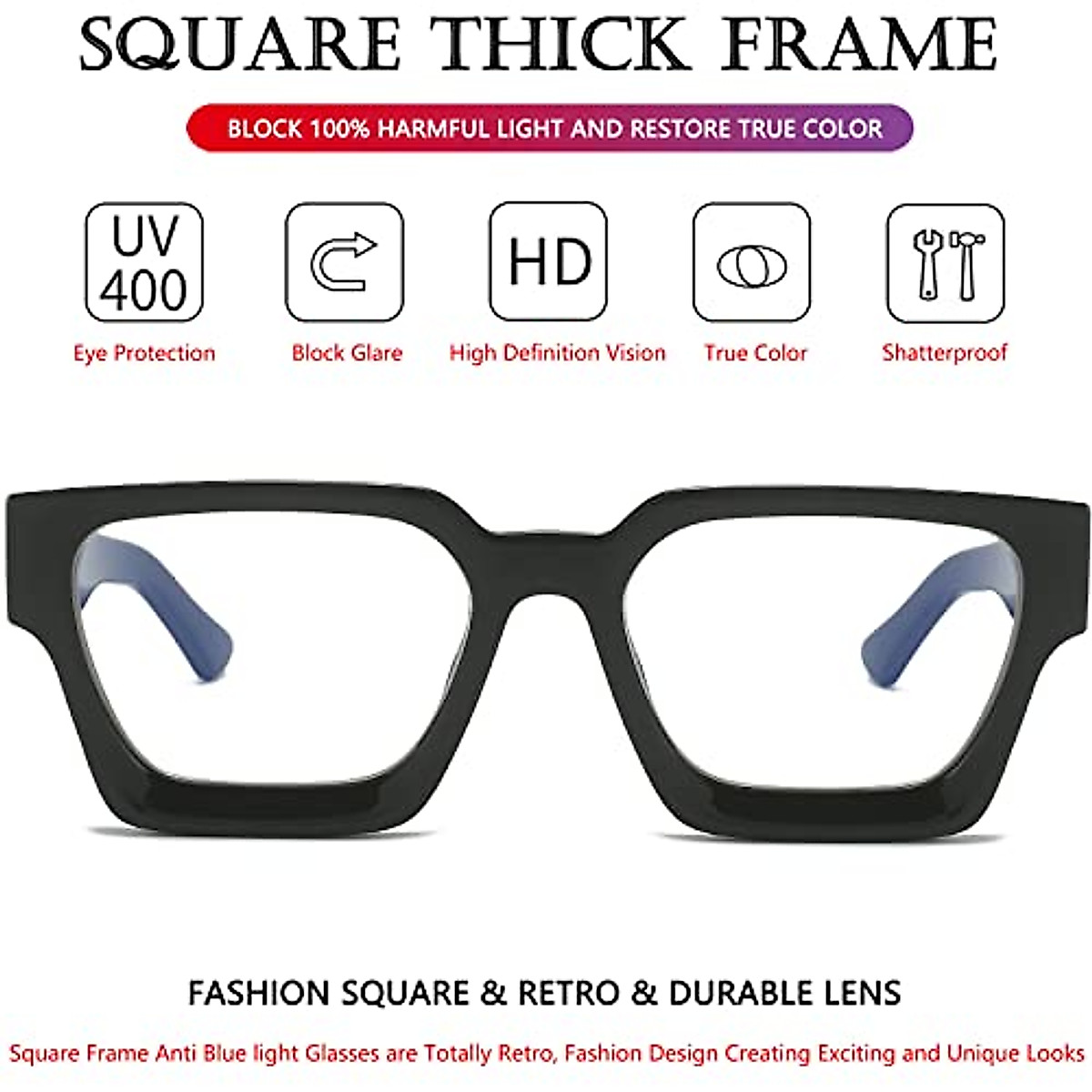 AIEYEZO Square Thick Frame Glasses for Women Men Fashion Blue Light Glasses Trendy Chic Computer Eyeglasses (Black)