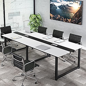 Tribesigns 8FT Rectangle Conference Table, 94.49L x 47.24W x 29.53H Inches Large Meeting Table Seminar Table for Office Conference Room, Modern Wood Training Table with Strong Metal Frame (White)