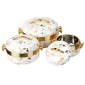 TOMANOON Round Thermal Hot/Cold Serving Bowls Set of 3, 3.5/2/1 L Insulated Casserole Dishes With Lid, Great for salad, stews, and soup, Ideal for parties, holidays, and Travel(Marble White)