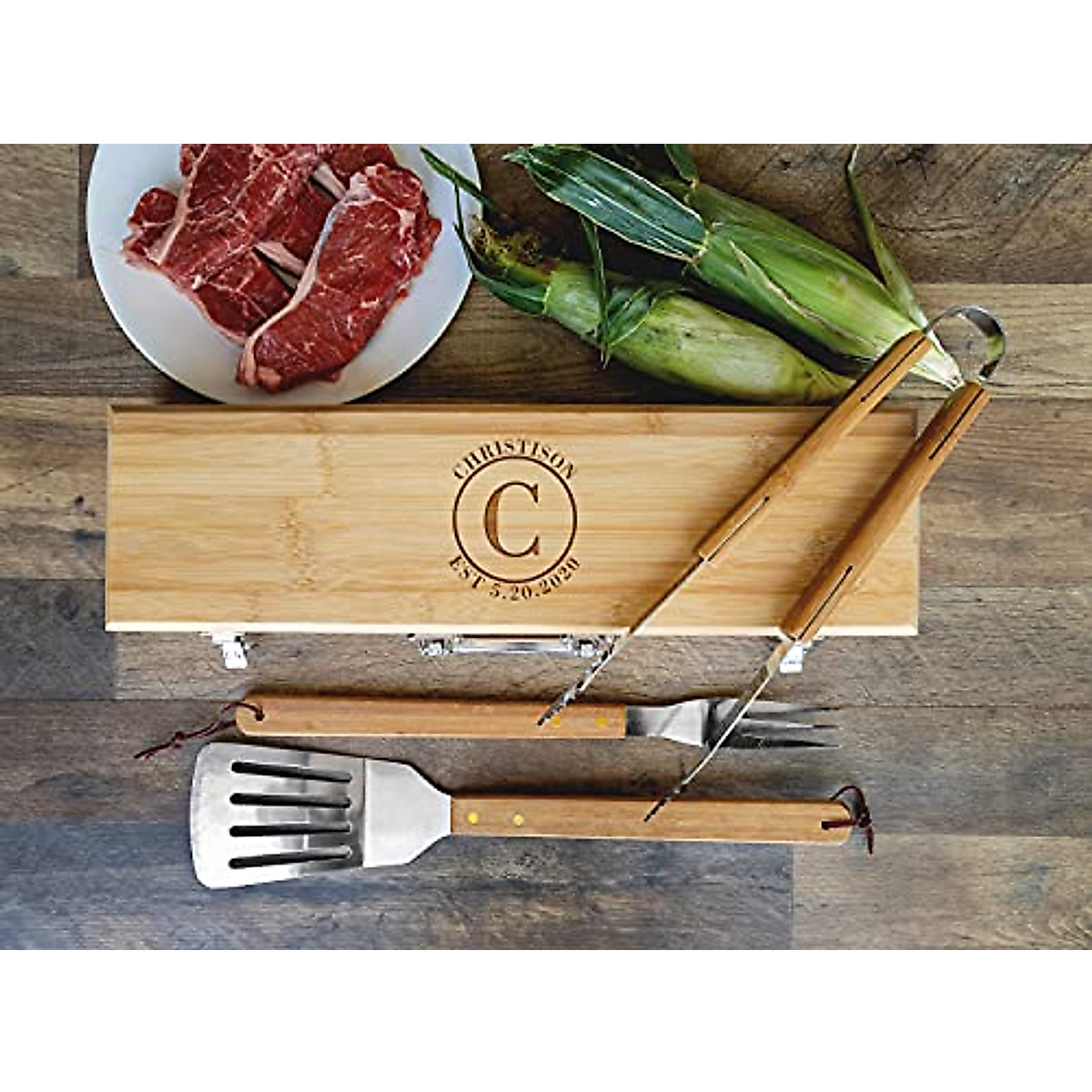 Personalized Grill Set for Men, BBQ Set with Custom Engraved Wooden Case Holder (Circle Design) | Customized Birthday for Him, Dad, Boyfriend, Husband | Groomsmen Gift