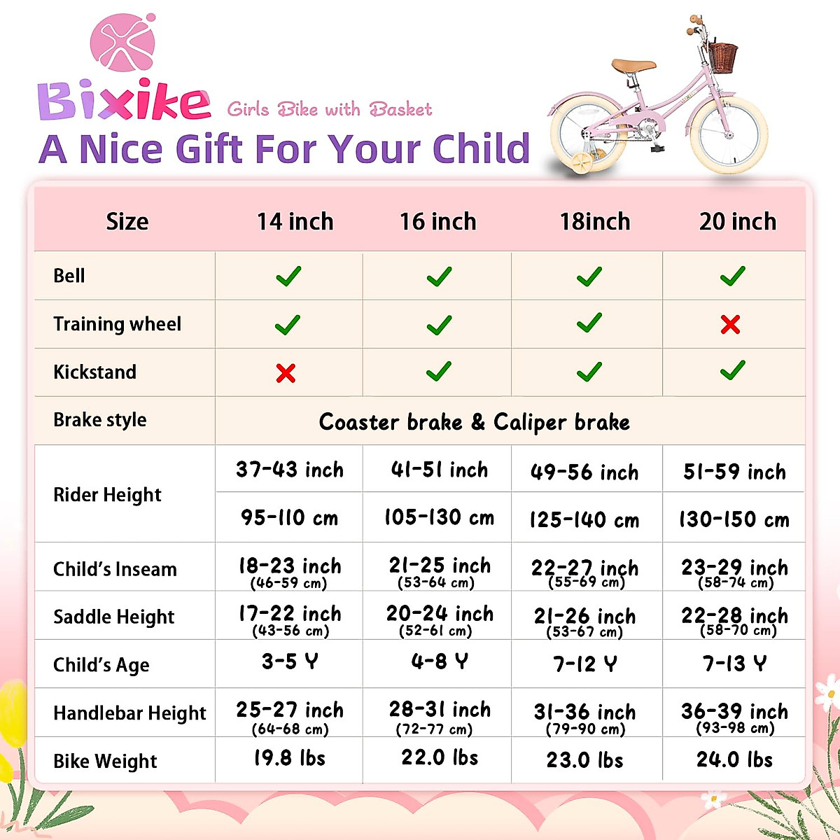 Bixike Retro Design Girls Bike with Basket and Coaster Brake for 3-13 Years Old Kids, 14 16 18 Inch Kids Cruiser Bicycle for Toddlers with Training Wheels, 20 Inch with Kickstand, Multiple Colors