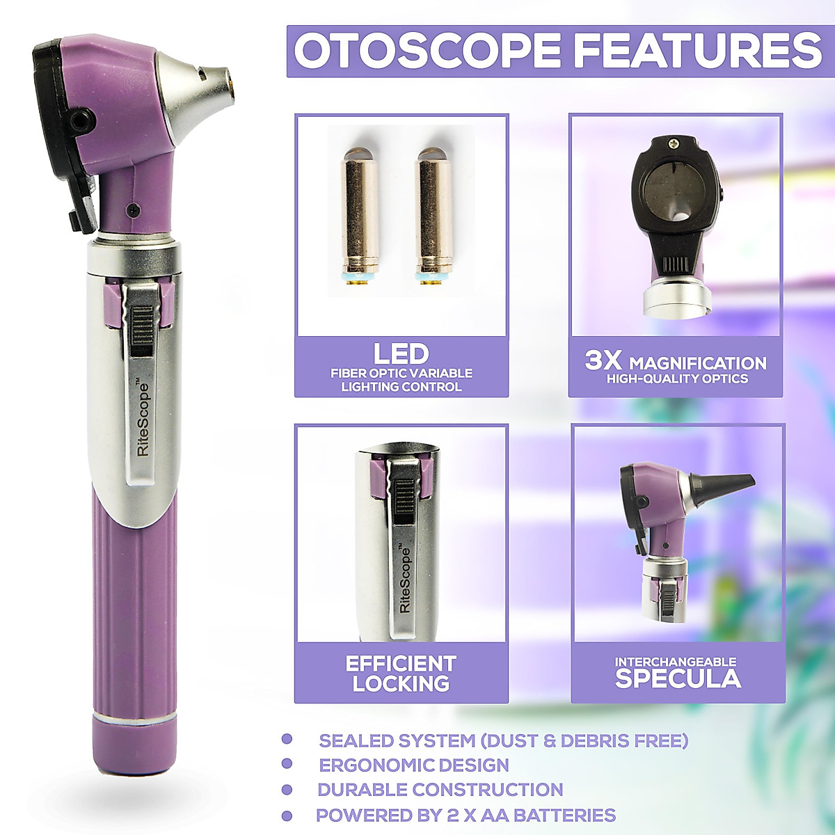 RiteScope Otoscope with Light - Premium Otoscope Set with Fiber Optic Illumination - Ear Infection Detector - Ear Scope for Examination at Home-Purple