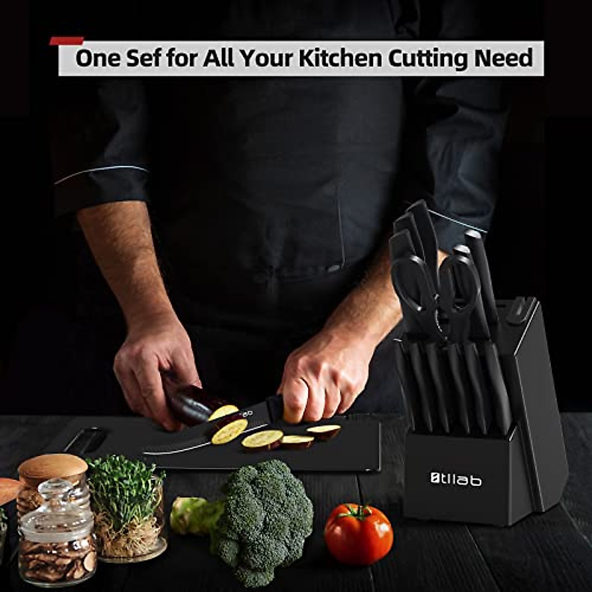 Stllab Knife Set with Cutting Board, 15 Pcs Kitchen Knife Set with Built-in Sharpener Block, Knife Set with 6 Steak Knives, Black