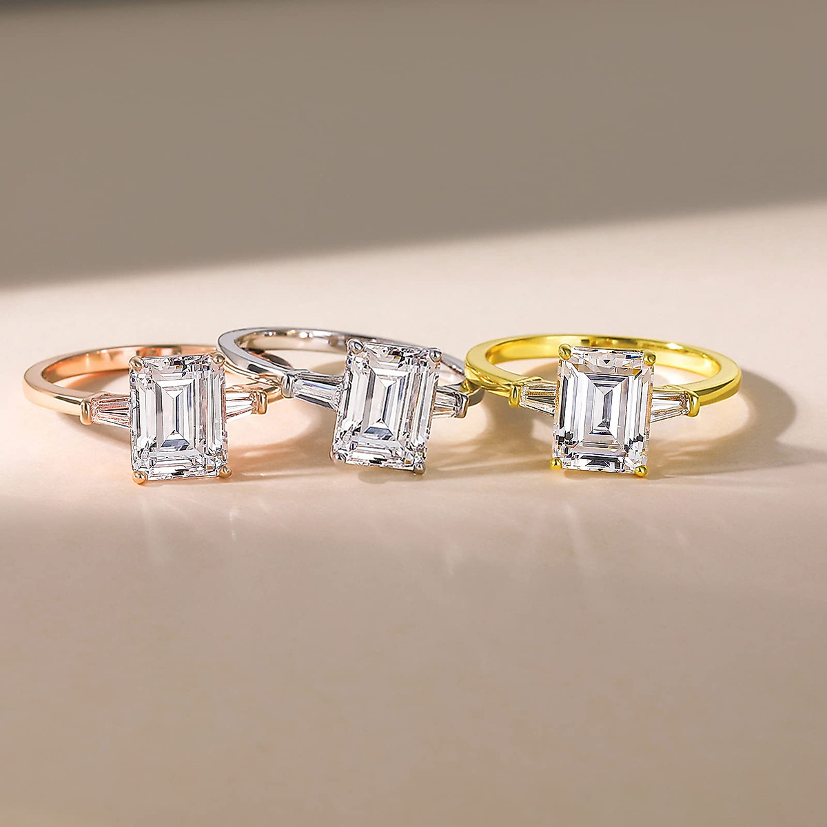 EAMTI 3CT 925 Sterling Silver Engagement Rings 3-Stone Emerald Cut Cubic Zirconia CZ Wedding Promise Rings for Her Wedding Bands for Women Size 6