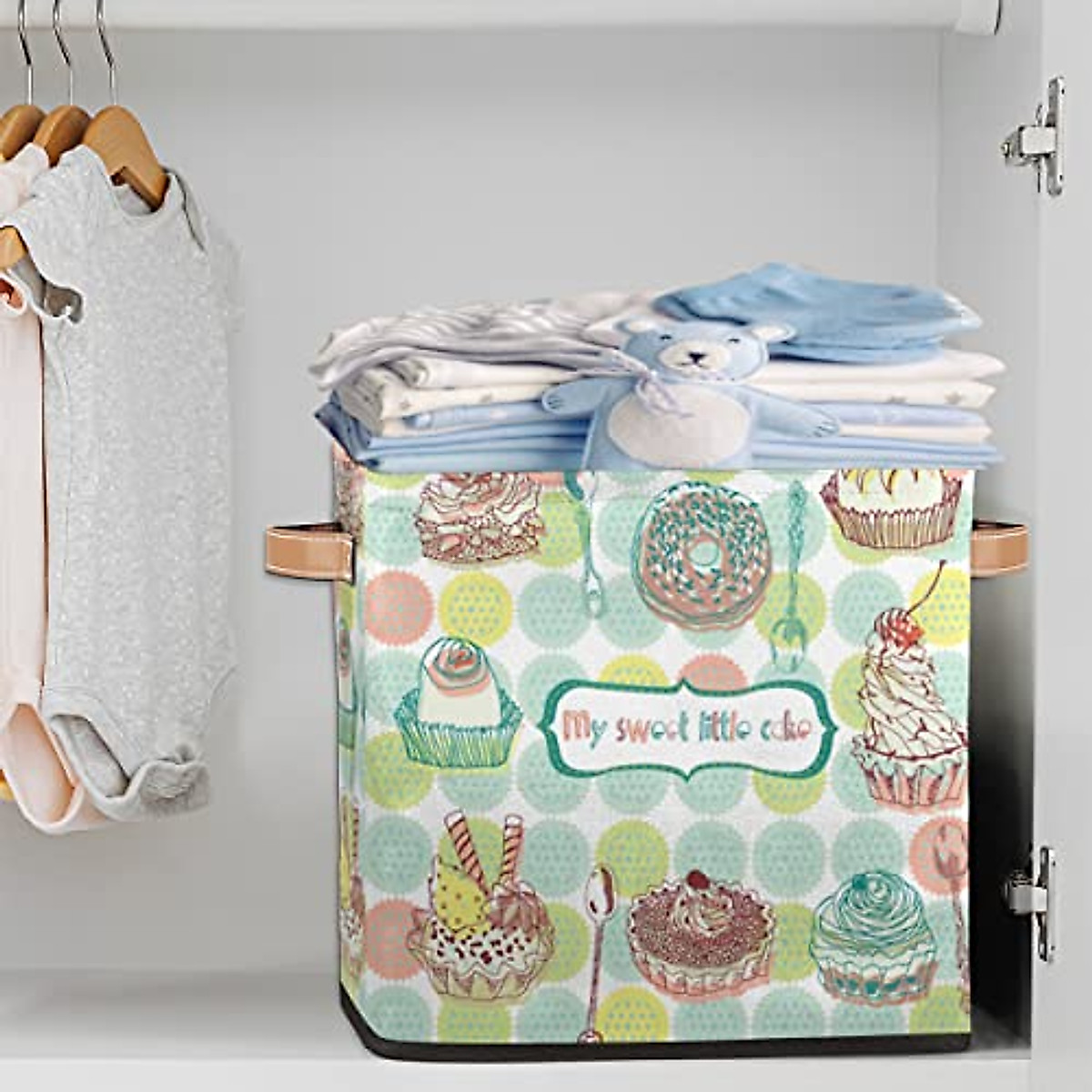 Cake Large Collapsible Storage Bins,Ice Cream Decorative Canvas Fabric Storage Boxes Organizer with Handles,Cube Square Baskets Bin for Home Shelves Closet Nursery Gifts