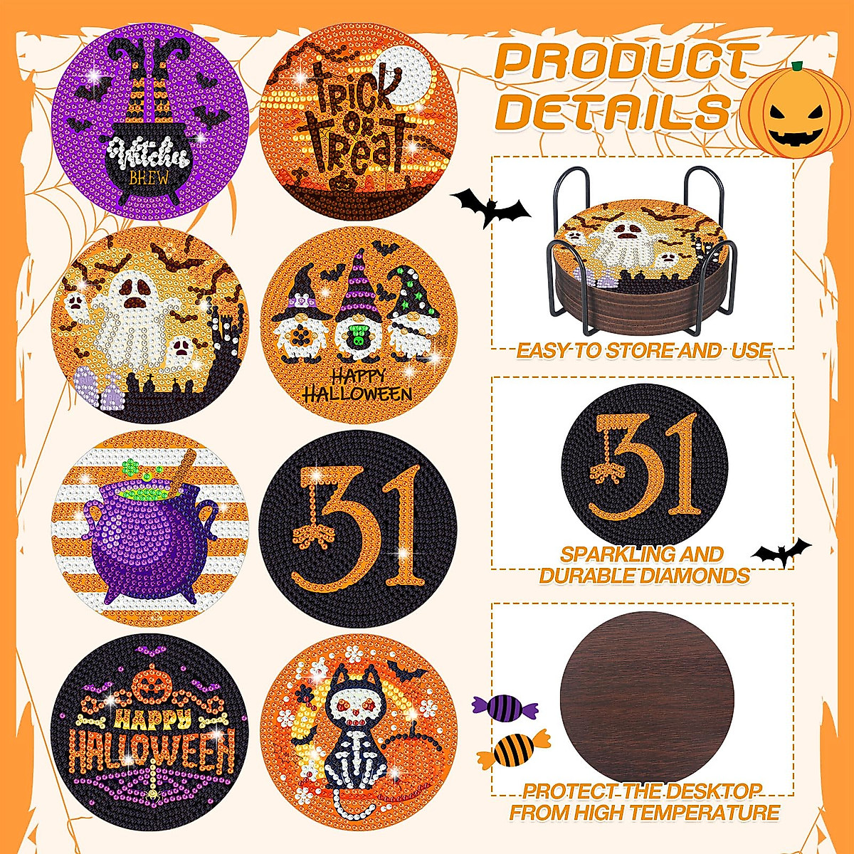 Suttmin 8 Pcs Halloween Diamond Painting Coasters Kits DIY Diamond Kits with Holder Gnome Pumpkin Ghost Coasters for Adult Kids Christmas for Craft Beginner Party Gift