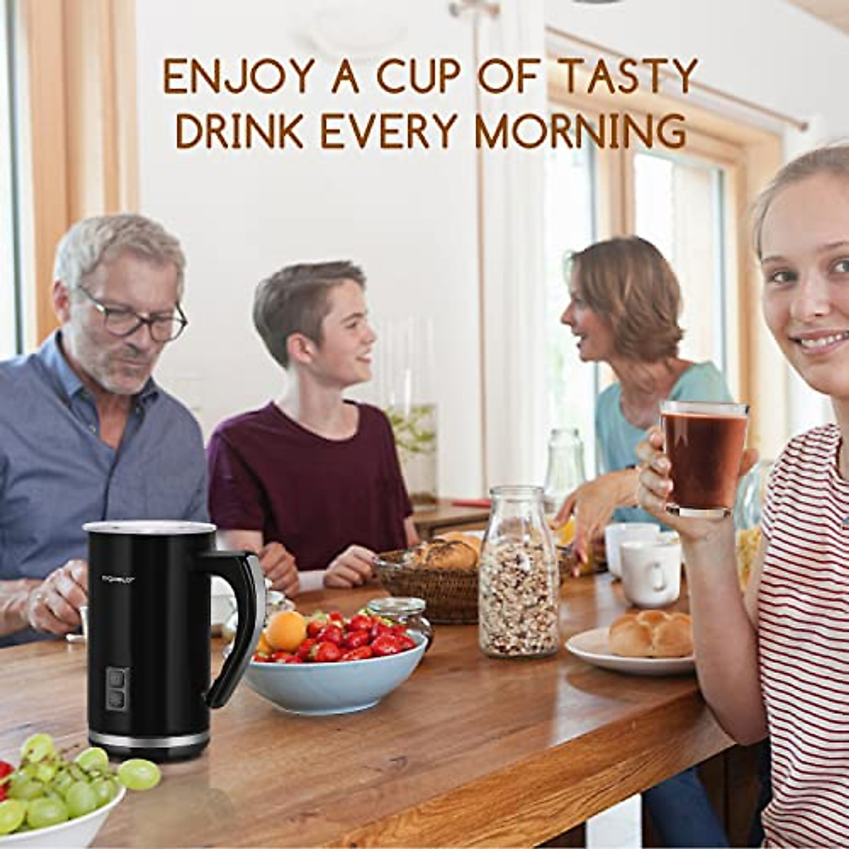 Milk Frother, Aigostar Electric Milk Frother and Steamer, Automatic Milk Steamer for Hot/Cold Froth, 4-in-1 Milk Warmer and Foam Maker for Coffee, Hot Chocolates, Latte, Cappuccino, Silent, 8.1oz