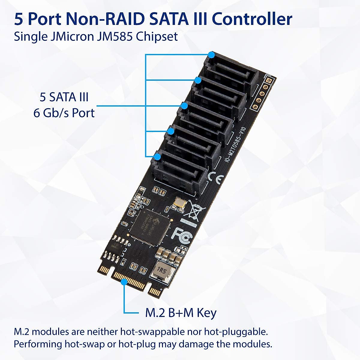 IO CREST Internal 5 Port Non-RAID SATA III 6GB/s M.2 B+M Key Adapter Card for Desktop PC Support SSD and HDD. JMB585 Chipset