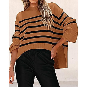 KIRUNDO Women's 2023 Fall Winter Casual Oversized Long Sleeve Striped Sweater Crew Neck Ribbed Knit Side Slit Pullover(Brown, Large)