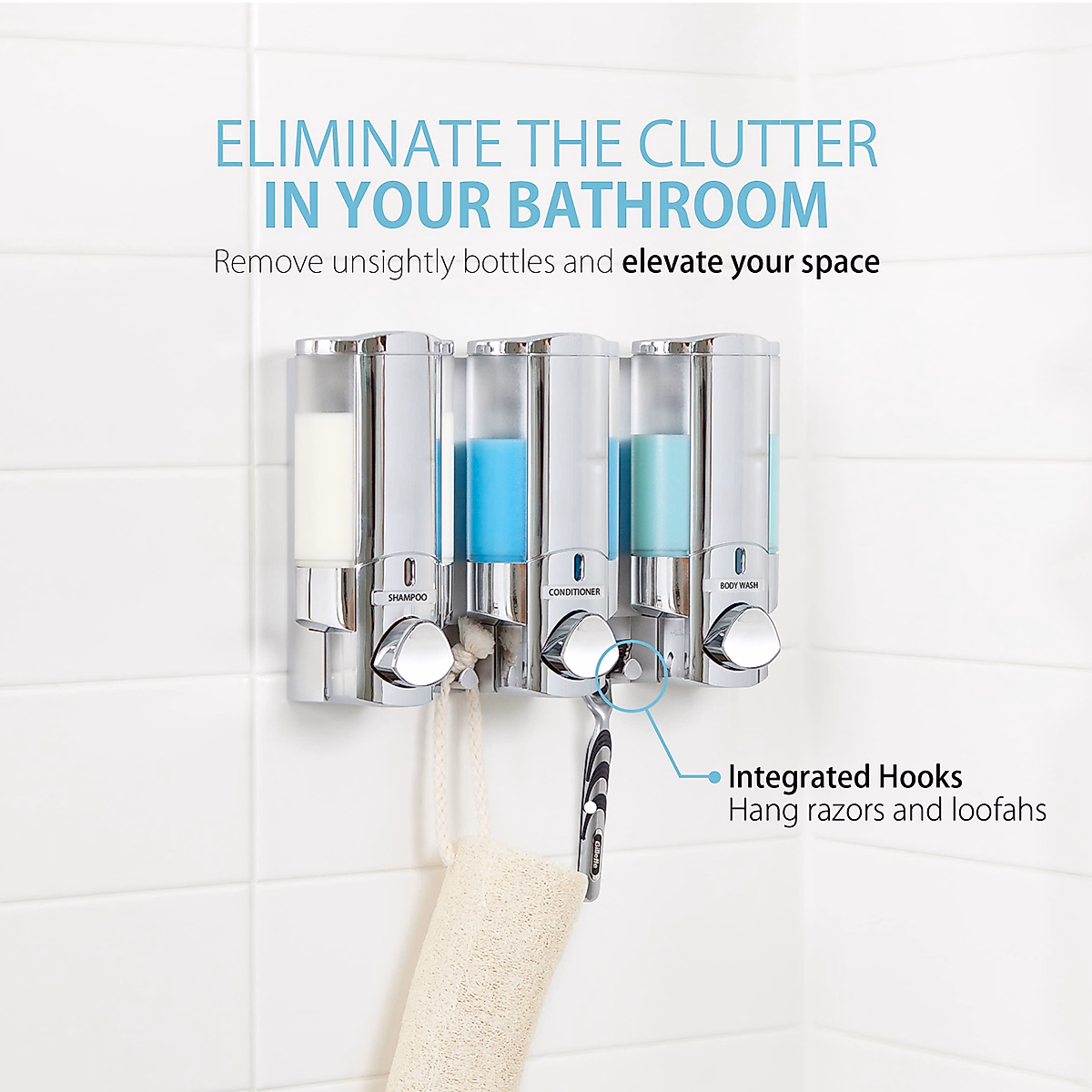 Better Living Products Aviva Shower Dispenser 3, Shampoo and Soap Dispenser, 3 x 11 fl. oz. Chrome, 11.2 x 3.5" x 7"