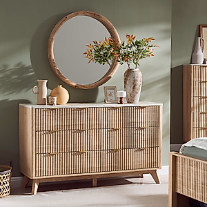 T4TREAM Fluted 6 Drawers Dresser, 54" Wide Modern Chest of Drawers with Faux Marble Top, Curved Profile Design, Dresser TV Stand, Wood Drawer Organizer for Bedroom, Living Room, Hallway, Natural Oak