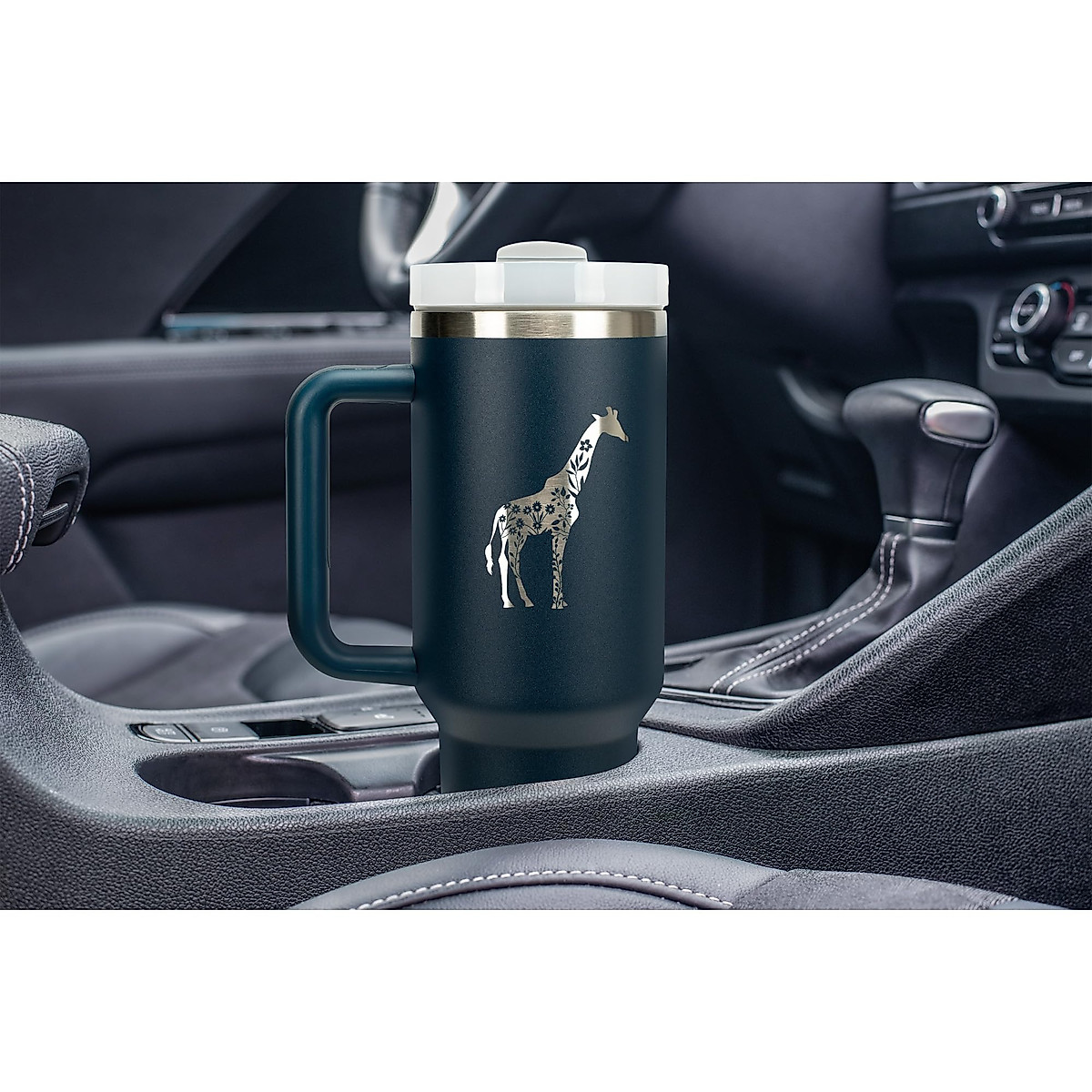 Elanze Designs Giraffe Growing Wildflower Animal Floral Motif 40 Oz. Stainless Steel Water Bottle Coffee Mug, Spill & Leak Resistant, Travel Tumbler with Handle, Lid & Straw, Navy Blue