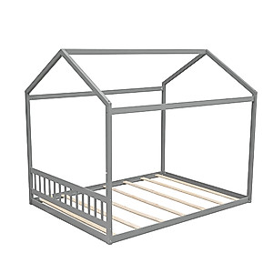 Queen House Beds, Montessori Bed Queen Size Floor Bed with Rails and Roof, Solid Wood Queen Platform Bed Frame with Headboard, for Kids Teens Girls Boys (Queen, Gray)