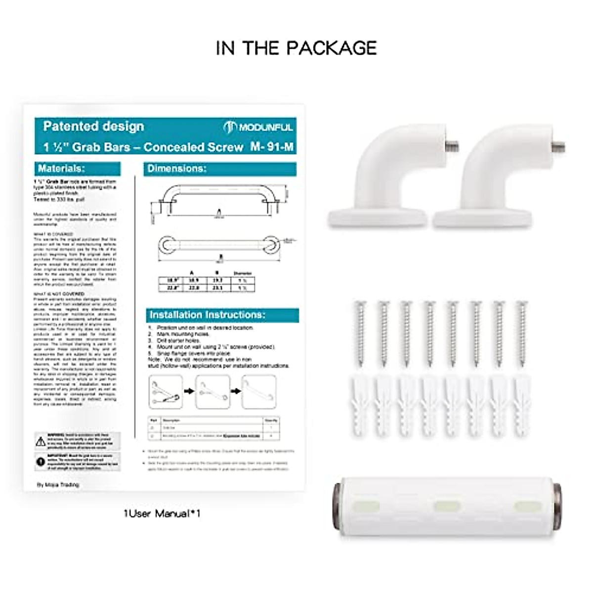 Stainless Steel Shower Grab Bar with Plastic-Plated Finish, Shower Grab Bars for Seniors, Luminous Circles and Cover Flange, Bathroom Handicap Handrails, White 12 inch
