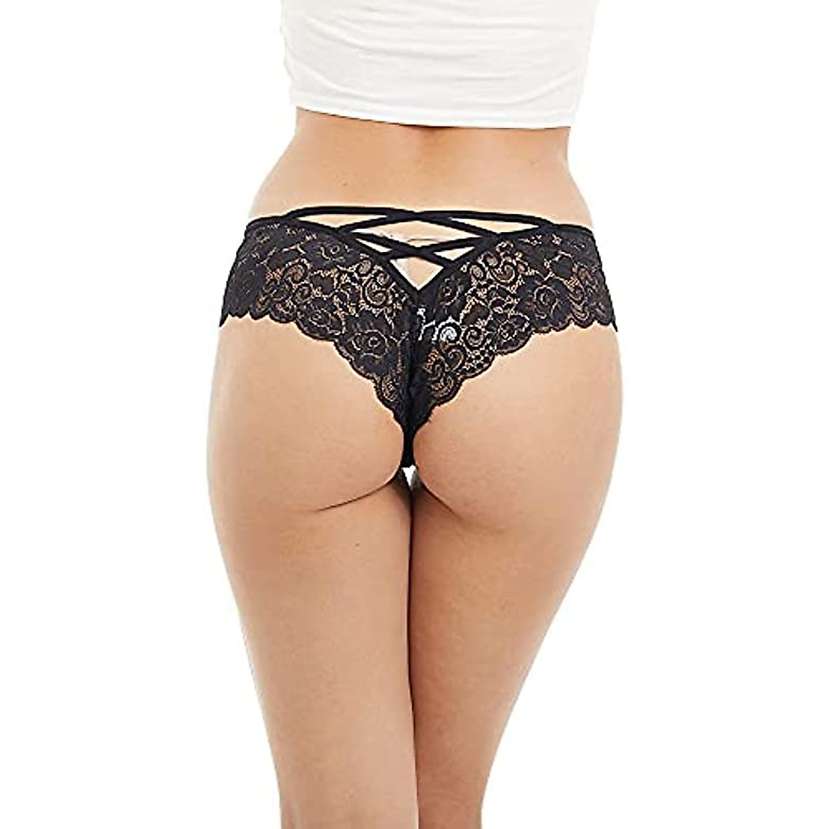 Muulyca Women’s Sexy Lace V-back Thongs Criss Cross Panties 4 Pack,RWNB,L