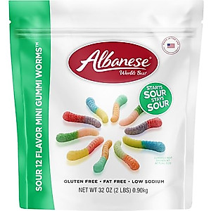 Albanese World's Best Sour 12 Flavor Mini Gummi Worms Candy, 32 Oz Bag
