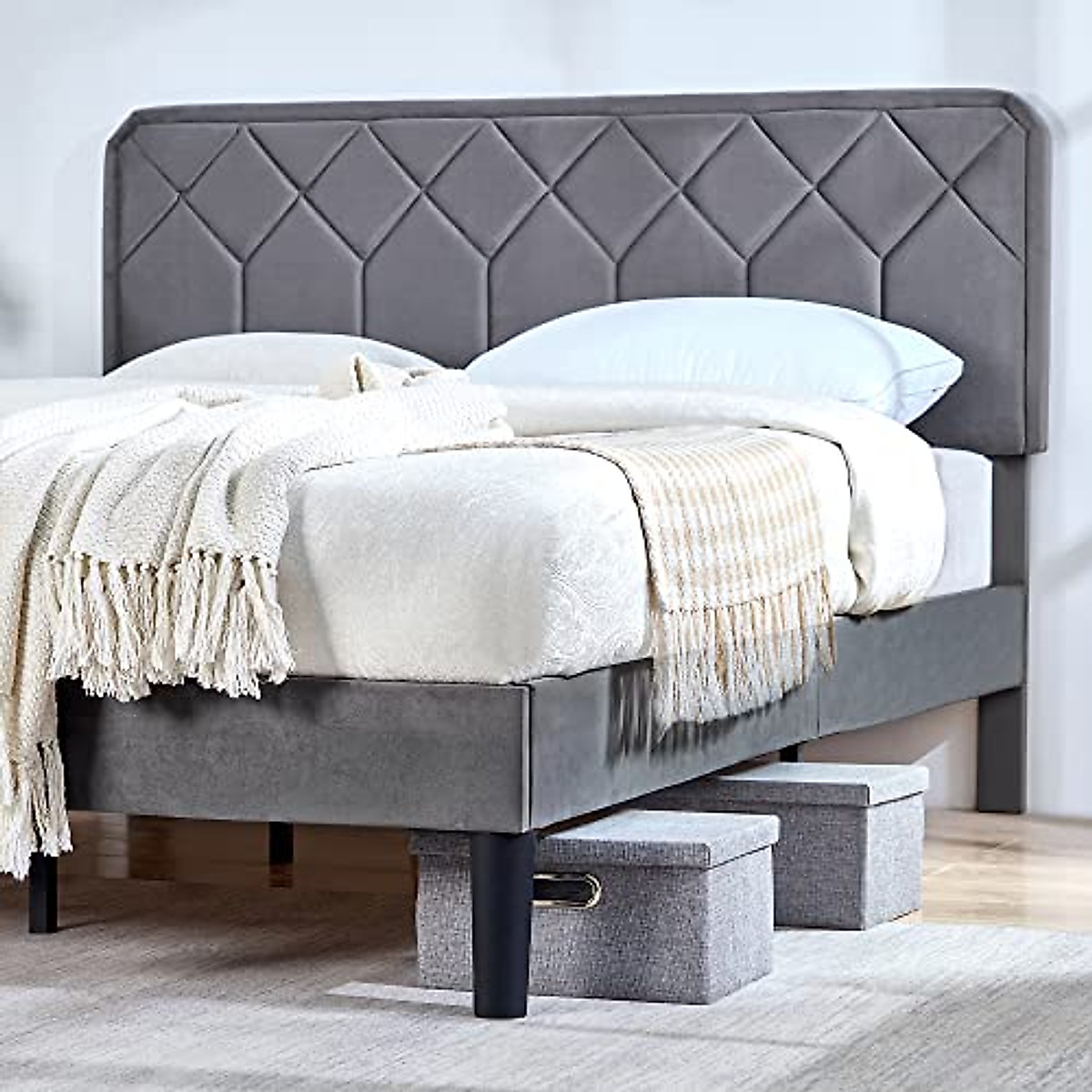 VECELO Queen Size Bed Frame Premium Upholstered Platform with Height Adjustable Headboard/Mattress Foundation Solid Wooden Slat Support, No Box Spring Needed/Easy Assembly, Dark Grey