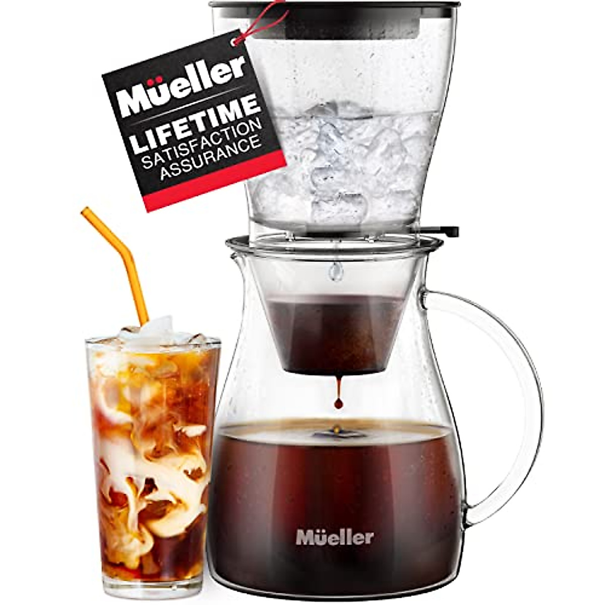 Mueller QuickBrew Smooth Cold Brew Coffee and Tea Maker 47 oz, Dripper Iced Coffee Brewer Maker with Adjustable Water Flow, Stainless Steel Filter, Borosilicate Glass Carafe