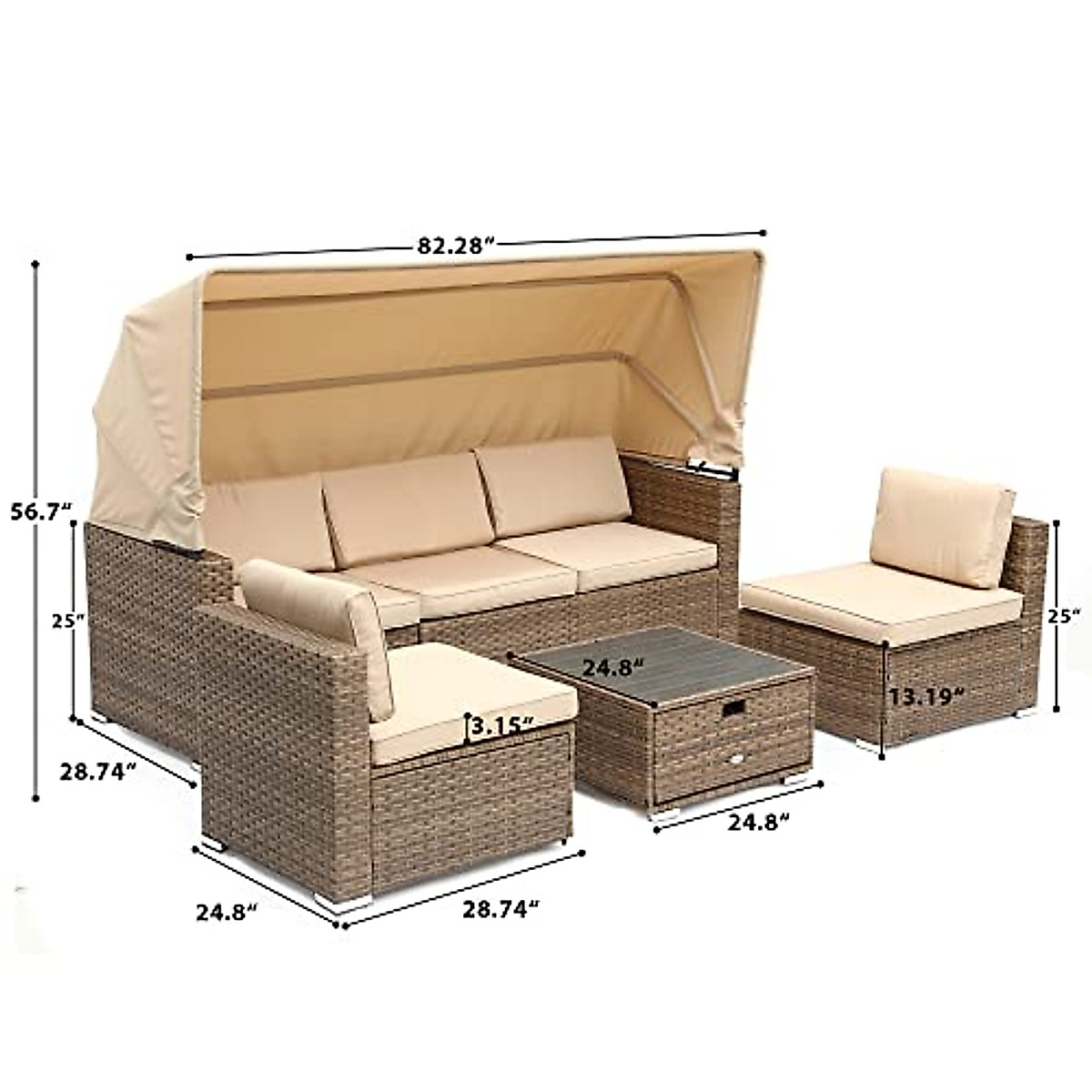 YITAHOME Patio Wicker Sofa Daybed Furniture Set with Retractable Canopy, Storable Side Table Outdoor Lounger with Soft Cushions for Backyard Porch (Light Brown + Beige)