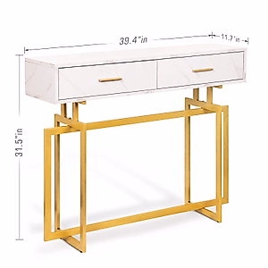 3imothrix Console Table with 2 Drawers, 39.37" Narrow Entryway Table Sofa Table for Hallway, Entrance Hall, Foyer, Corridor, Living Room, Faux Marble, Gold Base