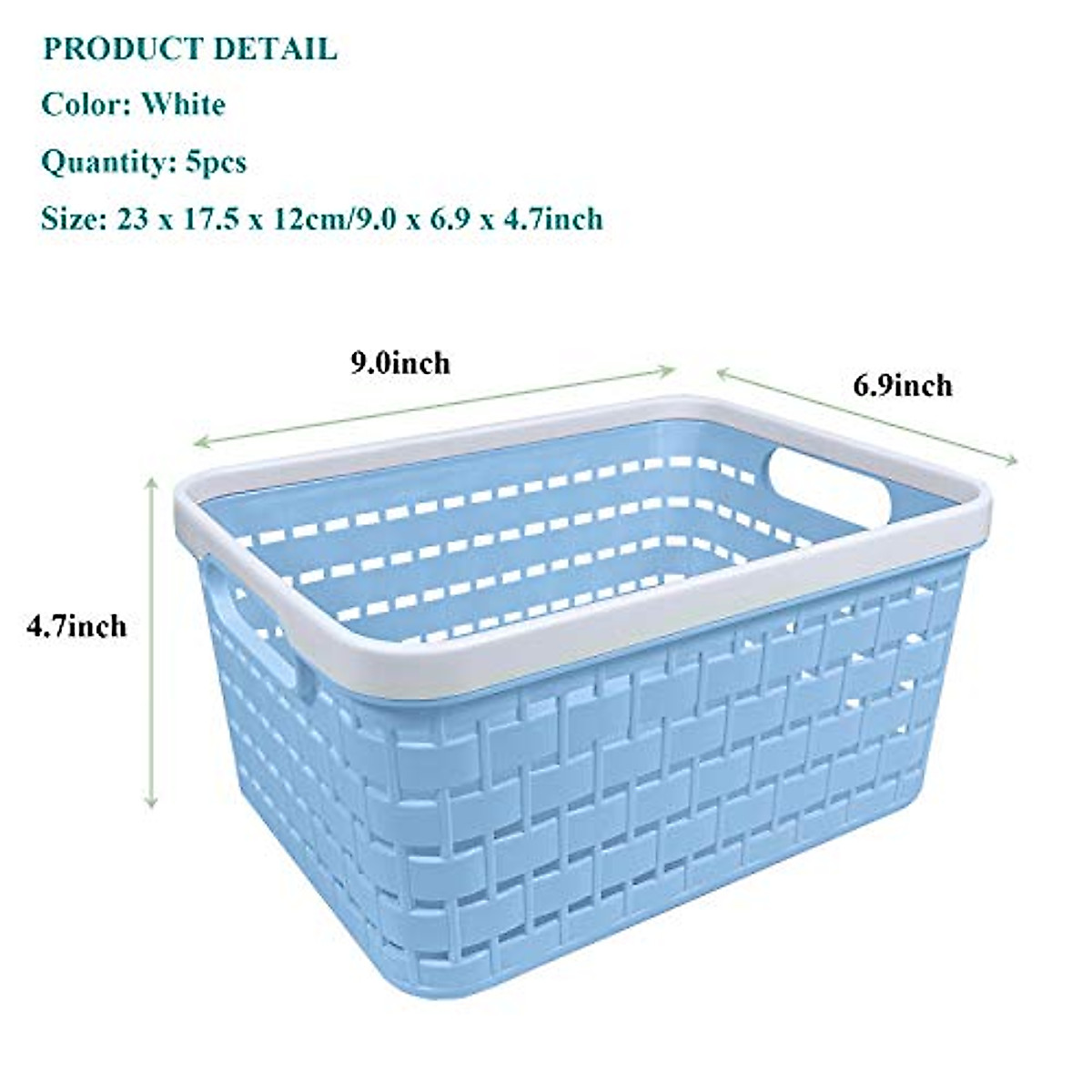 5Pack Plastic Storage Basket Blue, Desktop Weave Baskets with Handle, Portable Bathroom Open Storage Bin, Small Plastic Containers Shelf Brackets for Shelves Countertop Kitchen Cabinet Office