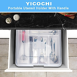 YICOCHI Portable Utensil Holder for Countertop with Lid & Handle, Plastic Silverware Tray for Drawer Flatware Organizer, White