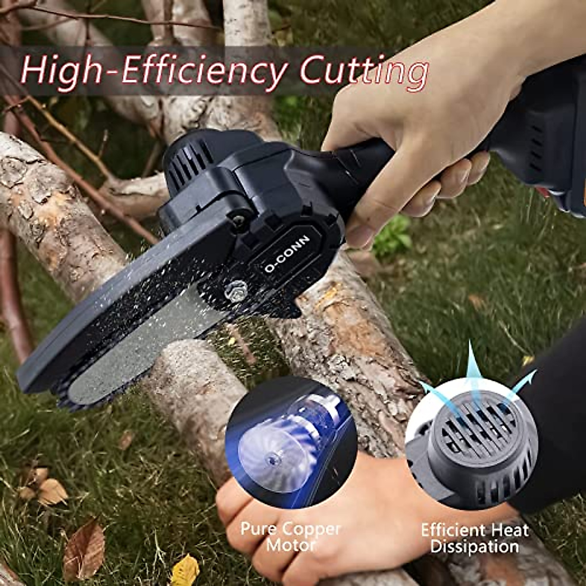Mini Chainsaw, O-CONN 4 Inch 24V Battery Powered Cordless Chainsaw w/ 2.0Ah Battery and Charger, Handheld Portable Electric Small Chain Saw, for Tree Trimming Branch Wood Cutting (1 Battery 1 Chain)