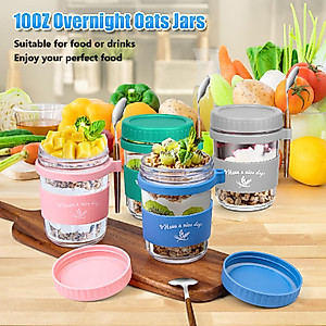 6 Pack Overnight Oats Containers with Lids and Spoon, 10 oz Glass Mason Jars with Sleeve Airtight Oatmeal Container with Measurement Marks Chia Pudding Jars with Lids for Milk Cereal Fruit Meal Prep