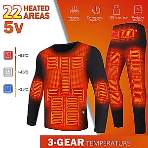 Winter Electric Heated Underwear Set Motorcycle Clothing Women Fleece Thermal Tops Pants 22 Area Ski Heating Body Suit,Black,L(Bust:88cm)