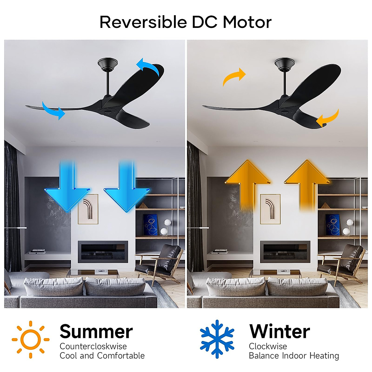 YZEENM 60 Inch Black Ceiling Fan Without Lights, Indoor Outdoor Ceiling Fans for Patios with Remote Control, 6 Speed Reversible Silent DC Motor, Modern Farmhouse 3 Blades Wood Ceiling Fan No Light