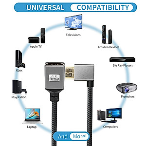 RIIEYOCA 90 Degree Right Angle UHD 4K HDMI Female to HDMI Male Braided Cable 0.59ft,18Gbps High Speed 2.0 Braided Cable, Supports 4K@60Hz,1080p,ARC,3D,for Blu-ray Players,DVRs,HDTV,Roku Ultra(2pack)