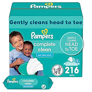 Pampers Baby Wipes, Complete Clean Baby Fresh Scented Wipe, Gently Cleans Head to Toe, 216 Total (3 Flip-Top Packs)