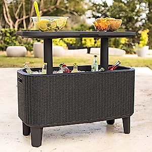 KETER Breeze Bar Outdoor Patio Furniture and Hot Tub Side Table with 14.8 Gallon Beer and Wine Cooler, Dark Grey & Teal