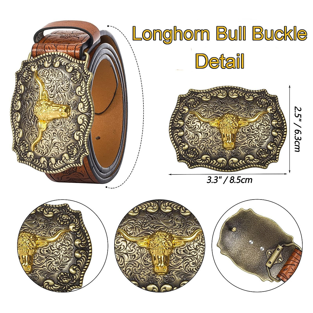 Mealah Men-Women-Western-Cowboy-Belt PU-Leather Floral Engraved-Bull-Buckle-Belts for Jeans (for 25" to 38" Waist)