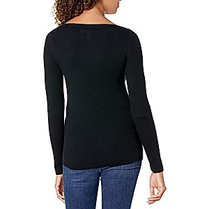 Amazon Essentials Women's Lightweight Ribbed Long-Sleeve Boat Neck Slim-Fit Sweater, Black, Medium