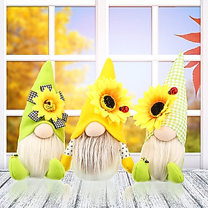 3 Pieces Sunflower Summer Gnomes Sunflower Garden Plush Doll Honey Bee Fall Decorations Scandinavian Tomte Swedish Sunflower Elf for Farmhouse Kitchen Decor, Rustic Buffalo Plaid Ladybug