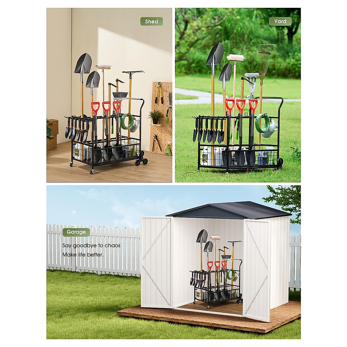 Heavy-Duty Garden Tool Organizer for Garage with 2 Stair-Climbing Wheels, Lawn & Yard Tool Storage Rack, Garage Tool Cart with Lockable Wheels, Outdoor Garden Tool Storage for Sheds