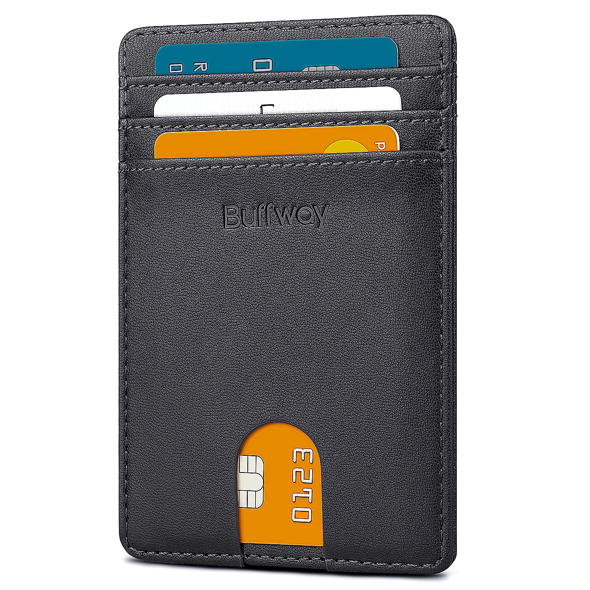 Buffway Mens Slim Wallet, Minimalist Thin Front Pocket Leather Credit Card Holder with RFID Blocking for Work Travel - Boston Black